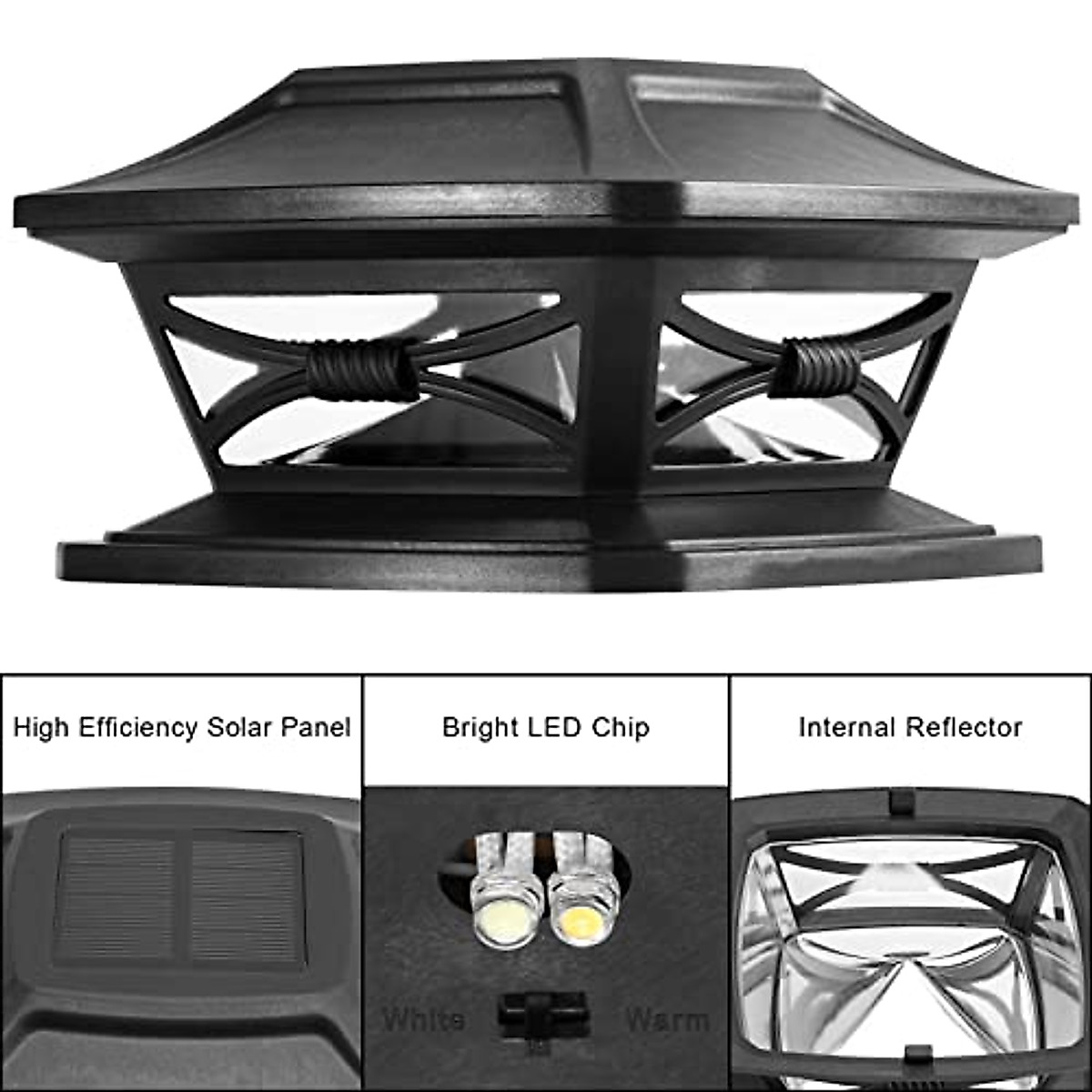 SMY Lighting Solar Post Lights Outdoor 2 Modes LED Solar Fence Cap Light for 4x4 5x5 6x6 Posts Deck Patio Garden Decoration Warm White/Cool White Lighting Black (2 Pack)