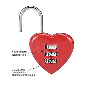 uxcell 3 Digit Combination Padlock, 3mm Shackle, Zinc Alloy Lock Heart Shaped, Red