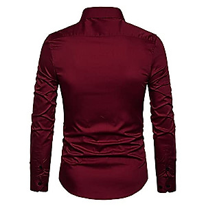 LOCALMODE Mens Casual Plain Button Down Easy Care Cotton Dress Shirts Slim Fit Business Long Sleeve Formal Shirts Wine Red Medium