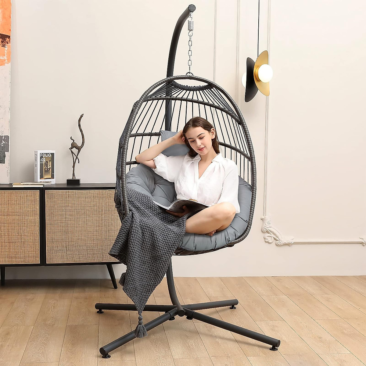 Eoieov Outdoor Hanging Egg Chair Cushions, 45"*45" Washable Hanging Basket Chair Cushion, Basket Egg Chair Cushion with Headrest Pillow，Yellow