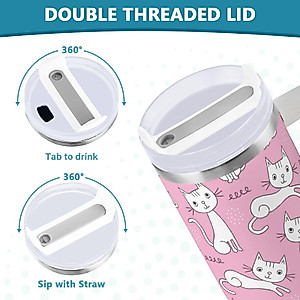 Cute Cat Cartoon Pink Tumbler with Handle and Straw Lid, Animal 40 oz Insulated Coffee Cup Stainless Steel Water Bottle Travel Mug Cupholder Friendly,Gifts for Women Men