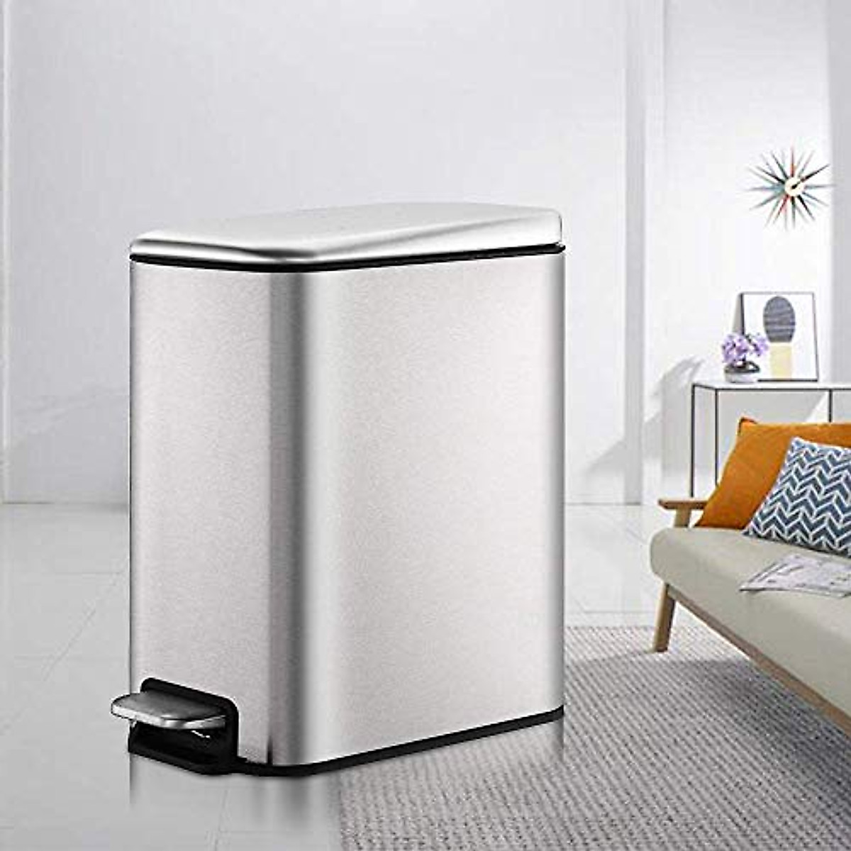 YCTEC 1.3 Gallon/5 Liter Stainless Steel Small Trash Can with Lid Soft Close, Removable Inner Waste Basket, Rectangular Slim Garbage Can for Bathroom Bedroom Office, Narrow Step Trash Bin, Silver
