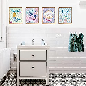 FALJIOK Mermaid Decor, Mermaid Bathroom Wall Art Decors, Ocean Wash Brush Floss Flush Kids Girls Bathroom Under the Sea Rules Wall Signs, Set of 4(8”X10”) Unframed
