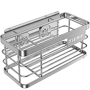 TIESIF 3 in 1 Sponge Holder for Kitchen Sink,Stainless Steel SUS304,Sink Caddy Kitchen Sink Organizer,Adhesive Sink Brush Holder Rust Proof Water Proof No Drilling