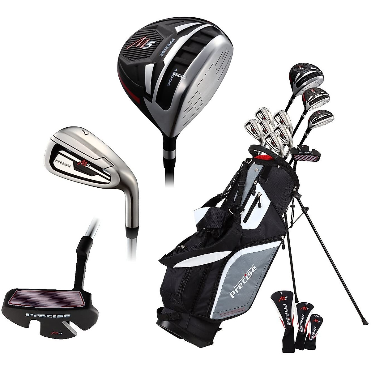 Top Line Men's M5 Golf Club Set , Left Handed Only, Includes Driver, Wood, Hybrid, 5, 6, 7, 8, 9, PW Stainless Steel Irons with True Temper Steel Shaft, Putter, Stand Bag & 3 Headcovers