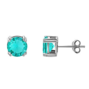 Sea of Ice Sterling Silver Round-Cut Simulated Gemstone Stud Earing for Women – Simulated Teal Faceted Gemstone cut 8 mm - Elegant Sterling Silver Earrings for Women – Nickel-Free