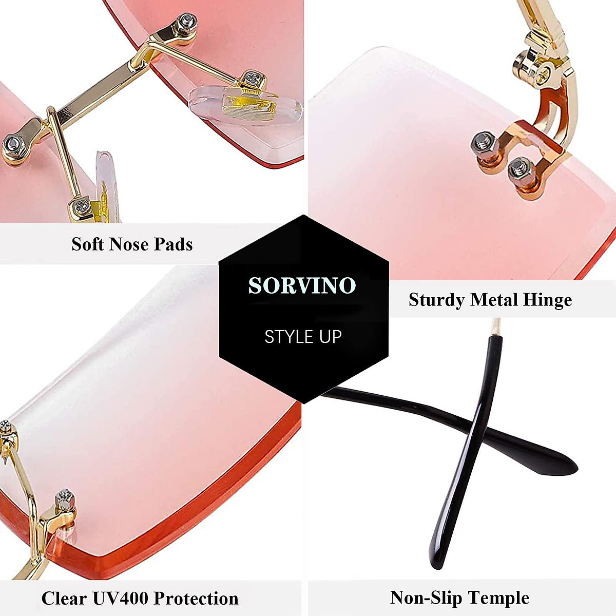 SORVINO Rimless Rectangle Sunglasses for Women Men Trendy Fashion Sheer Pink,Blue Tinted Lens Frameless Glasses