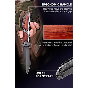 Grand Way Spring Assisted Knife - 5Cr15MoV Sharp Folding Blade - Pocket Knife with Wood Handle - Best Durable Tool for EDC Camping Survival Work - Mens Gifts Idea for Dad Husband Boyfriend 97010