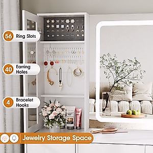 Makeup Vanity Desk with Mirror and Lights, White Makeup Vanity Table with 7 Drawers and 3 Cabinets, Makeup Desk with Charging Station, Dressing Table for Bedroom