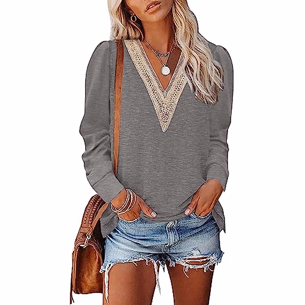 ZESICA Women's 2023 Casual Long Sleeve T Shirts Lace V Neck Trendy Basic Tops Summer Fall Tee Blouse,Grey,Large