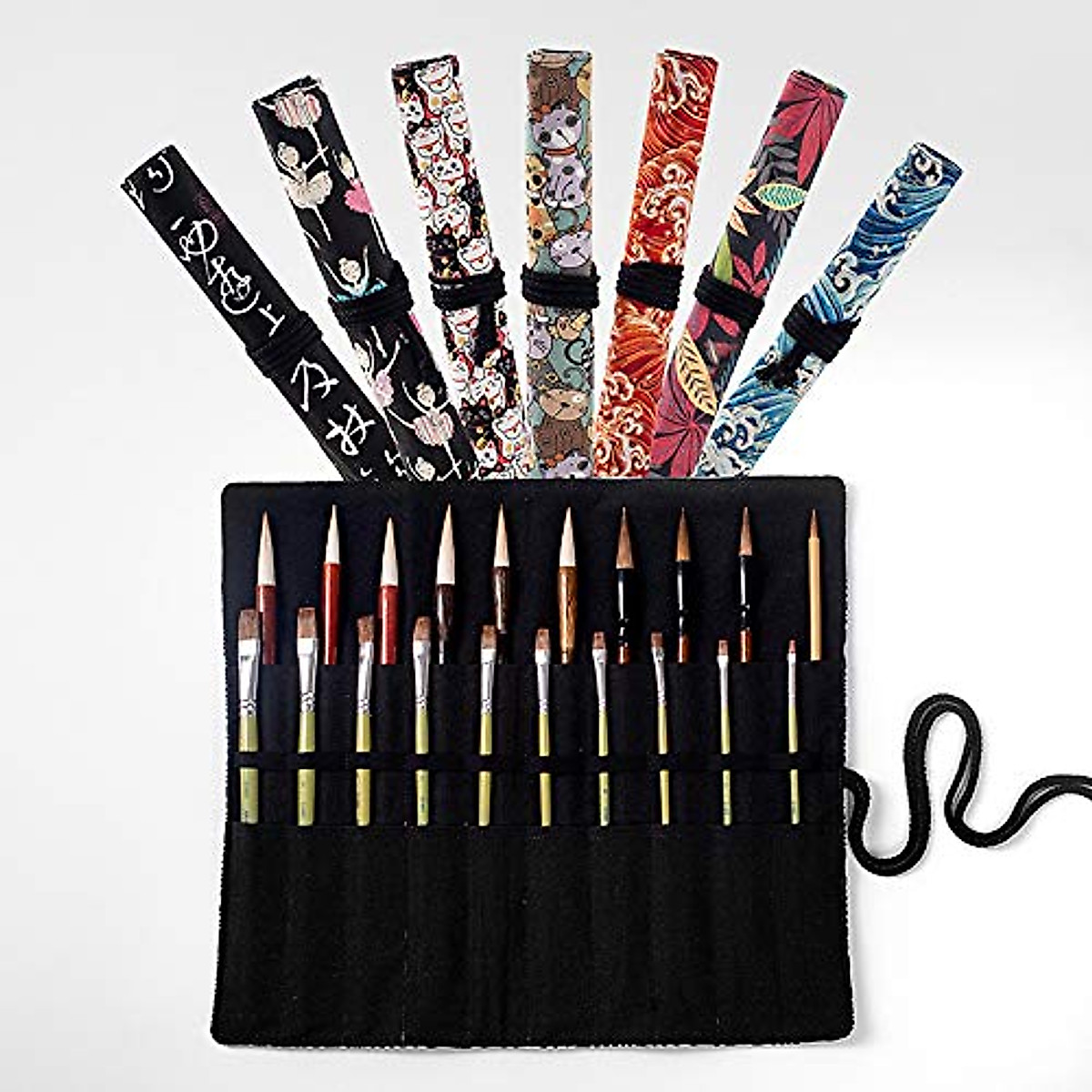 20 Slots Artist Paint Brush Roll Up Bag Holder Canvas Pouch Makeup Case Organizer Rollup Protection（Without Brushes） (Cat/B)