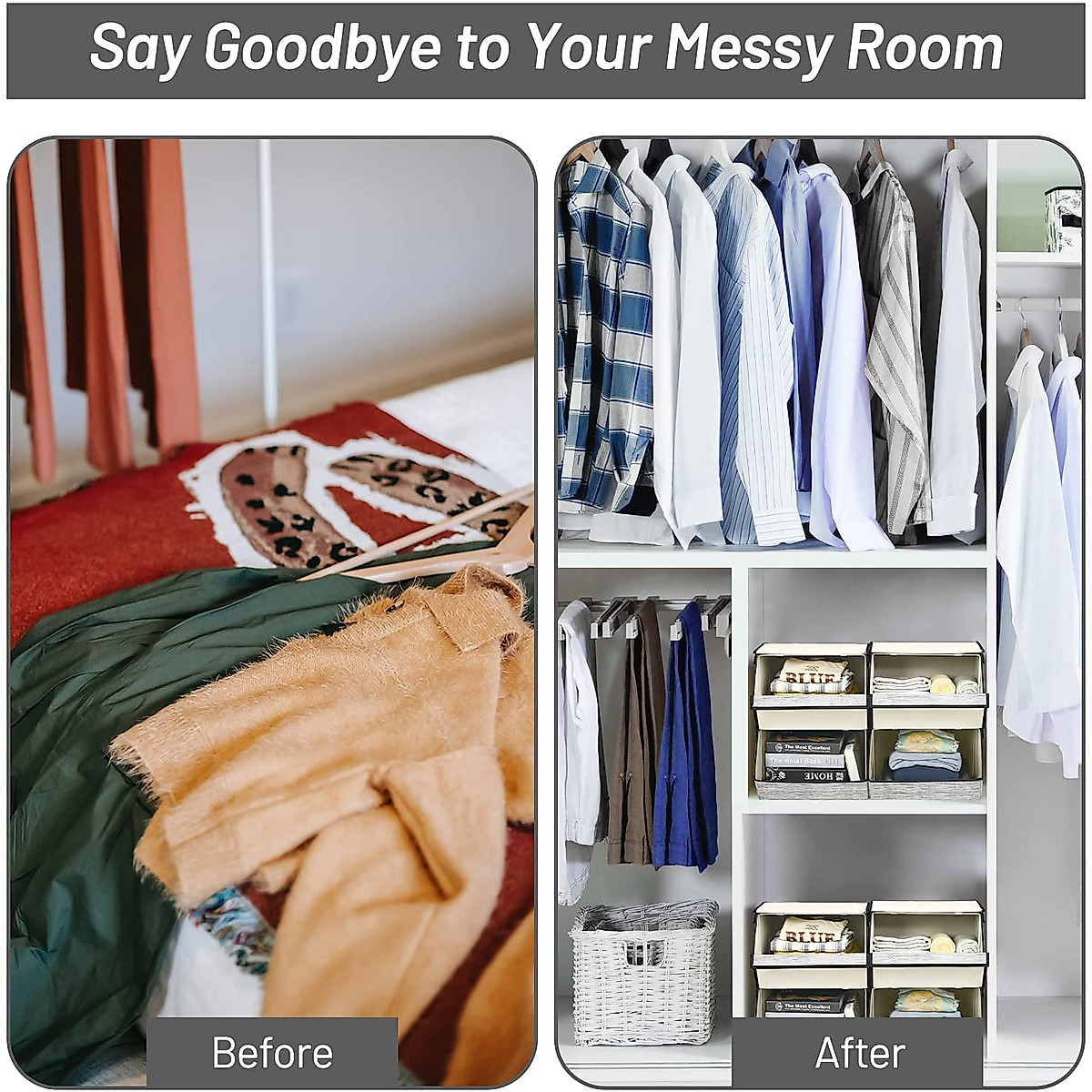 BUSHLY Magnetic Storage Bins, Set of 4 Stackable Fabric Cubes Organizer w/ Magnetic Lid & Side Handle, Foldable Storage Boxes for Toys, Clothes, Kids Room, Living Room (Black)