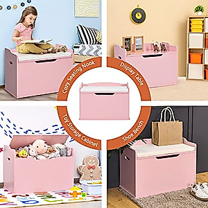 Costzon Kids Wooden Toy Chest, Wide Toy Box Storage Chest with Bench Seat, Toy Storage Trunk Case with Finger-Pinch Prevention, Lift-Top Foot Rest Seat for Toddler Bedroom Playroom Entry (Pink)