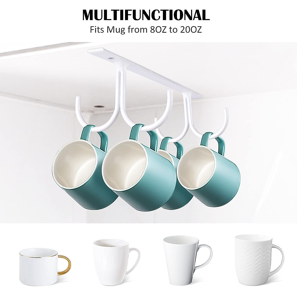 TRUSBER Mug Holder Under Shelf Coffee Cups Organizer Under Cabinet 3 Pack Cups Mugs Rack with Hooks 12 Hanging Hooks for Mugs,Coffee Glass Cups