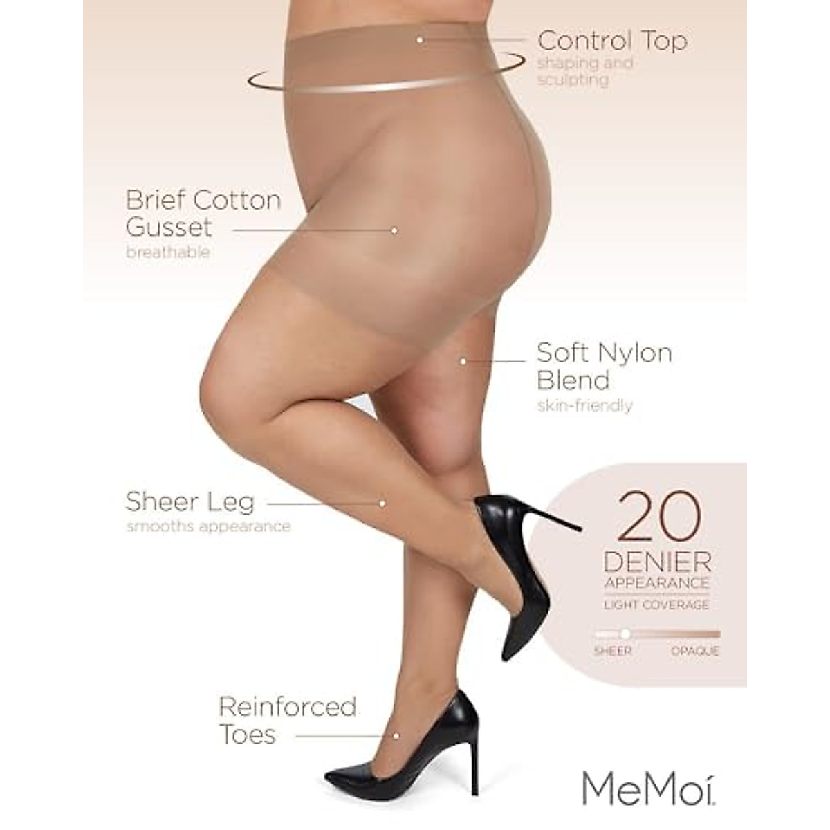 MeMoi Plus Size Curvy Silky Sheer Control Top Pantyhose City Beige 7X