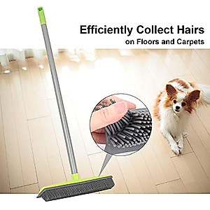LandHope Push Broom Long Handle Rubber Bristles Sweeper Squeegee Edge 59 inches Non Scratch Bristle Broom for Pet Cat Dog Hair Carpet Hardwood Tile Windows Clean Water Resistant (Multi Segment Handle)