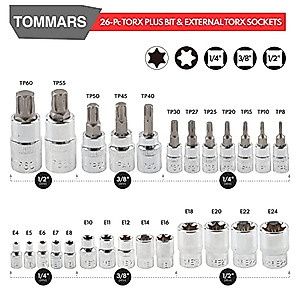 TOMMARS 60-Pc Master Torx Bit Socket and External Socket Set 1/4", 3/8", 1/2" Drive, S2 Steel Bits, CRV Sockets E4-E24, T6-T70,TT6-TT70,TP8-TP60