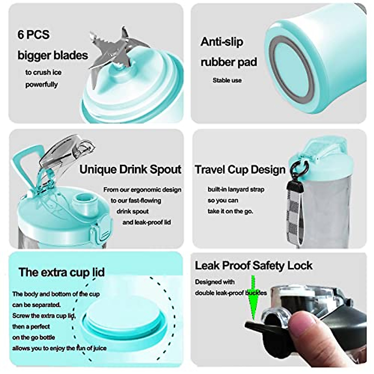 20oz Portable Blender Large Capacity Travel Juice Cup,Smoothies and Shakes Blender, Baby Food Crush Ice Frozen Mixing with 6 Blades 4000mAh Rechargeable Battery,for Home, Travel, Office (Light Blue)