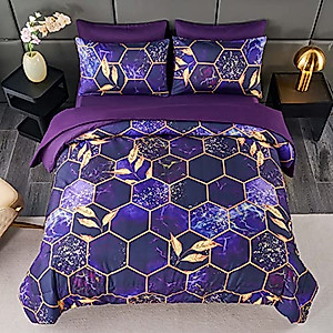 ANGIYUIN 7Pcs Bed-in-A-Bag Purple Gold Marble King Comforter Set with Sheets, 3D Geometric Hexagon Theme Decor Yellow Leaf Bedding Set, Modern Foil Print Duvet Insert for All Season (Purple King)
