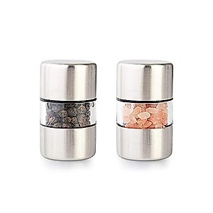 T-mark Premium Sea Salt and Pepper Grinder Set - Spice Mill with Brushed Stainless Steel, Small Portable Ceramic Salt & Pepper Shakers (2-Pack)