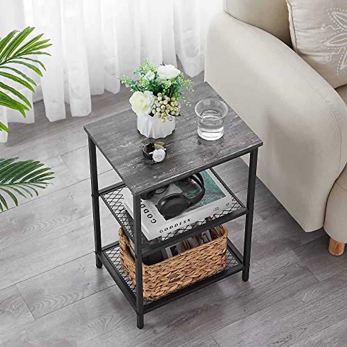 VECELO 3-Tier End Tables, Small Nightstands with Storage Shelf, Industrial Night Stand for Living Room Bedroom, Metal Frame, 1 Pack(A), Misty Gray