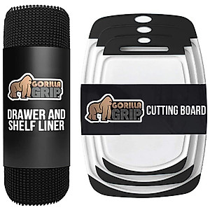 Gorilla Grip Drawer and Shelf Liner and Durable Kitchen Cutting Board, Shelf Liner Size 12 in x 20 FT, Strong Grip, Cutting Board Set of 3, Nonslip Handle and Border, Both in Black, 2 Item Bundle