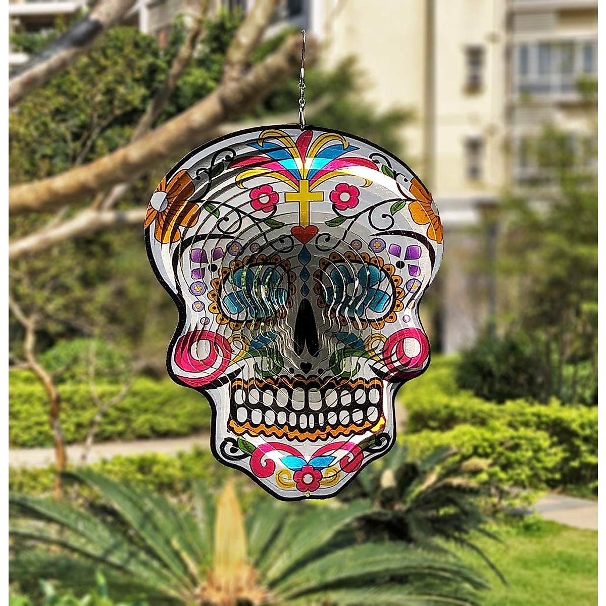 Fonmy Kinetic 3D Metal Garden Wind Spinner Unique Gifts Outdoor Decorations Quality Hanging Ornament for Home and Garden 12inch Mandala Silver Sugar Skull Wind Spinners