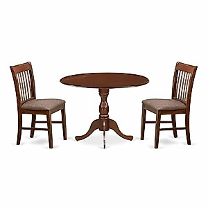 East West Furniture DMNF3-MAH-C 3 Piece Kitchen Table & Chairs Set Contains a Round Dining Table with Dropleaf and 2 Linen Fabric Dining Room Chairs, 42x42 Inch, Mahogany