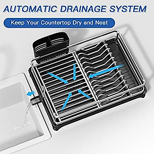 Dish Drying Rack, Aluminum Alloy Dish Racks for Kitchen Counter, Multifunctional Compact Auto-Drain Dish Drainers with a Cutlery Holder, Drying Rack for Dishes, Knives, Spoons, and Forks