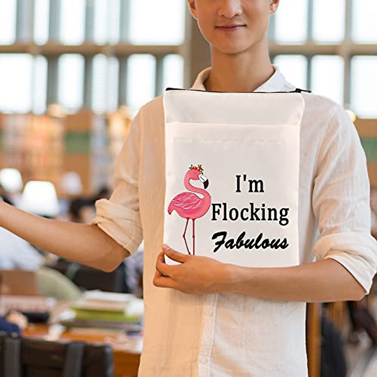 LEVLO Pink Flamingo Lovers Gifts I'm Flocking Fabulous Book Cover Book Sleeve Zipper Pocket with Flamingo Pattern BFF Gift (I'm Flocking Fabulous)