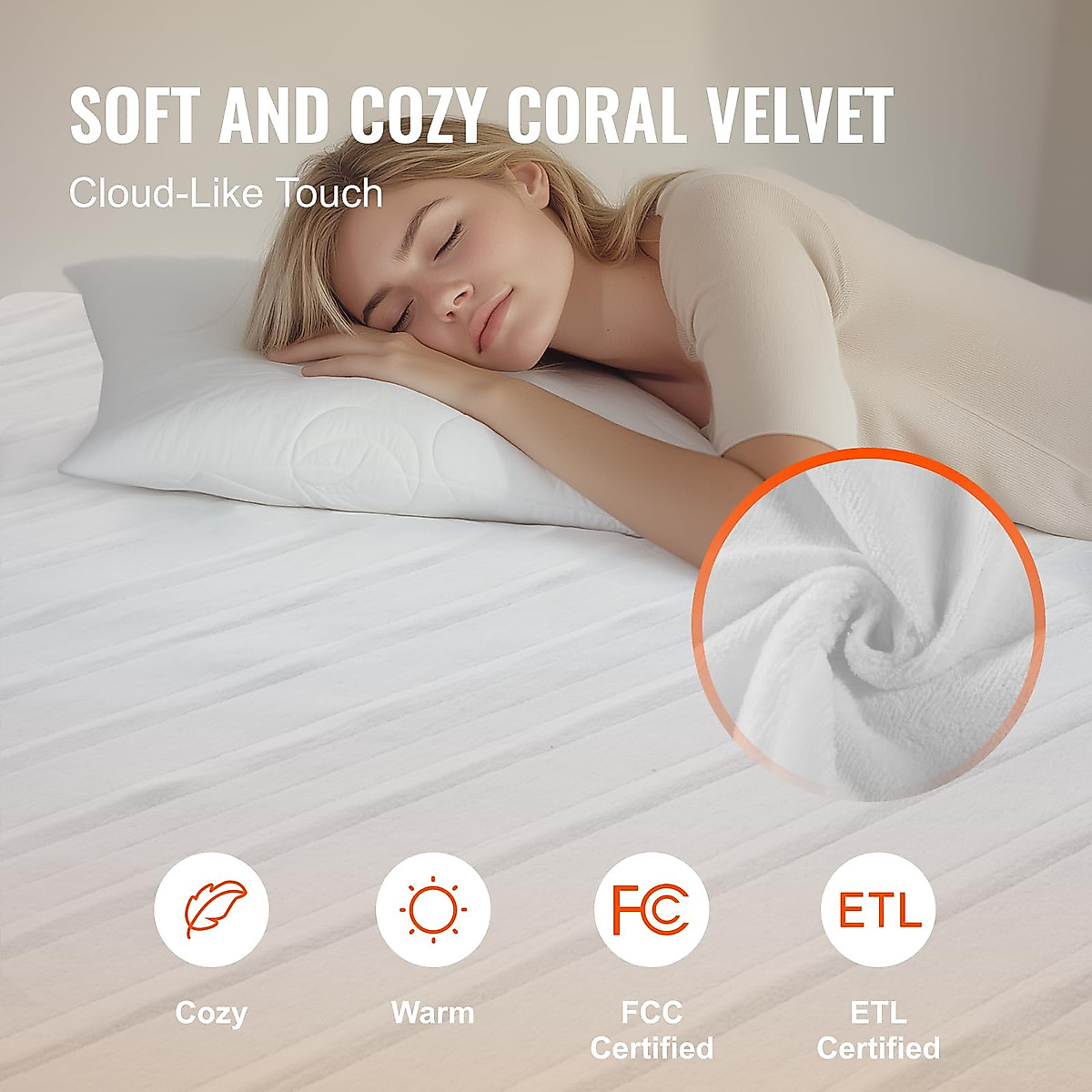 VEVOR Heated Mattress Pad, 39 x 75 in, Electric Bed Warmer with 1-5 Heat Settings Control, 10-Hour Auto Shut Off, Machine-Wash Breathable Coral Fleece Heating Electric Mattress Sheets, White