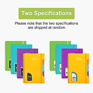 CAGIE 4 Pack Spiral Notebook 5x7 Lined Journal Notebook College Ruled 320 Sheets in Total, 4 Subject A5 Spiral Notebooks for Work School and Notes, 8 Multicolor Tab Stickers Yellow Green Blue Purple