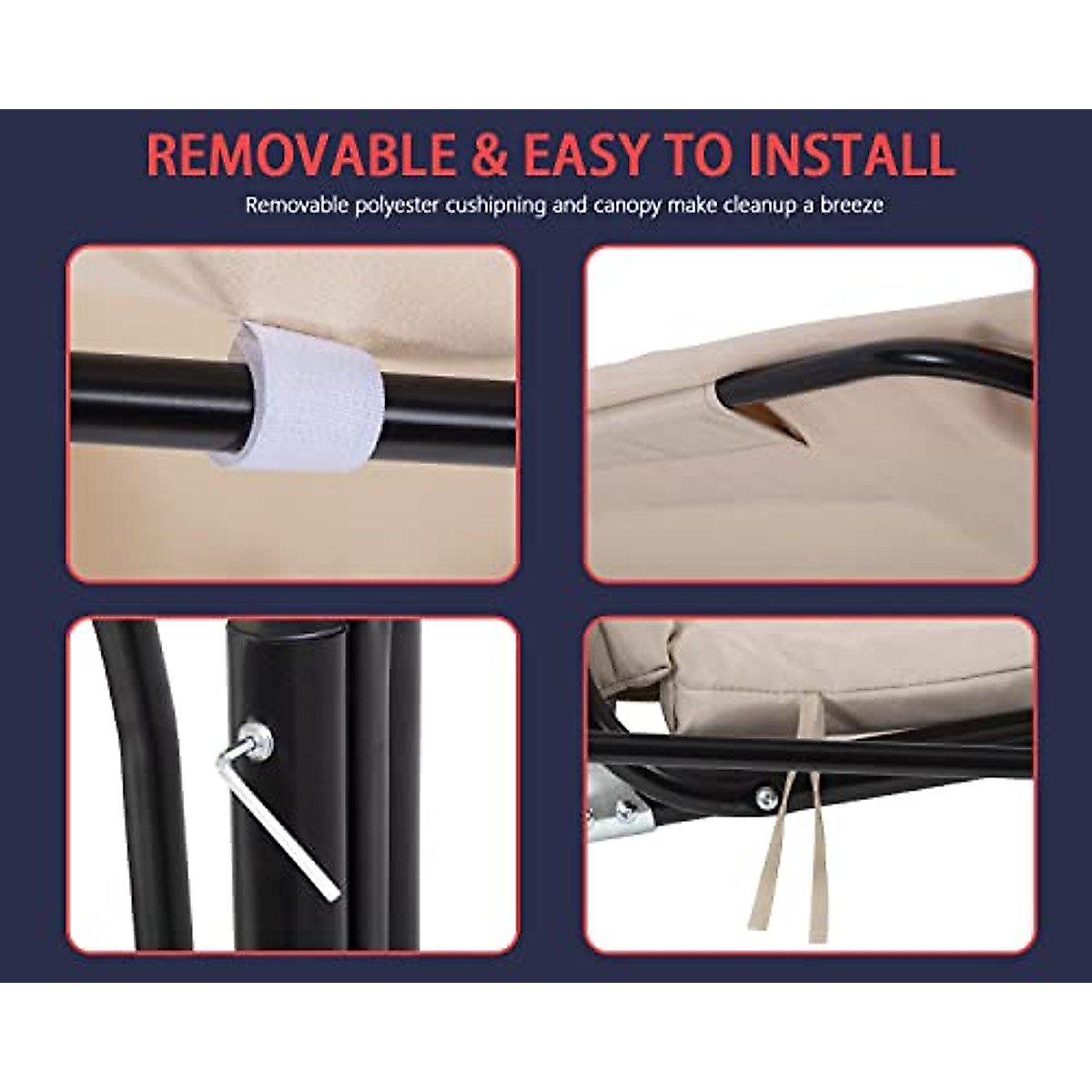 Outdoor Swing Patio Swing with Canopy Backyard Outdoor Swing Chair with Removable Cushions Adjustable Tilt Canopy Comfortable Armrests Stable Frame for Patio Outdoor Garden Backyard Beige