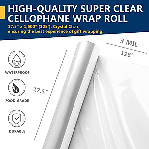 PerkHomy Clear Cellophane Wrap Roll 17.5" x 125' 3Mil Thick Cellophane For Gift Basket Treats Goodie Wrapping Craft Flower Bouquet Plastic (Clear, 17.5"W × 125'L)