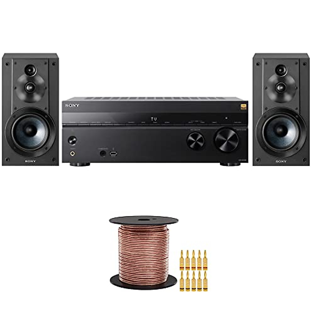Sony STR-AN1000 7.2 Channel 8K AV Receiver with Dolby Atmos, DTS:X Bundle with Sony SSCS5 3-Way 3-Driver Bookshelf Speakers and 16AWG Speaker Wire kit (3 Items)