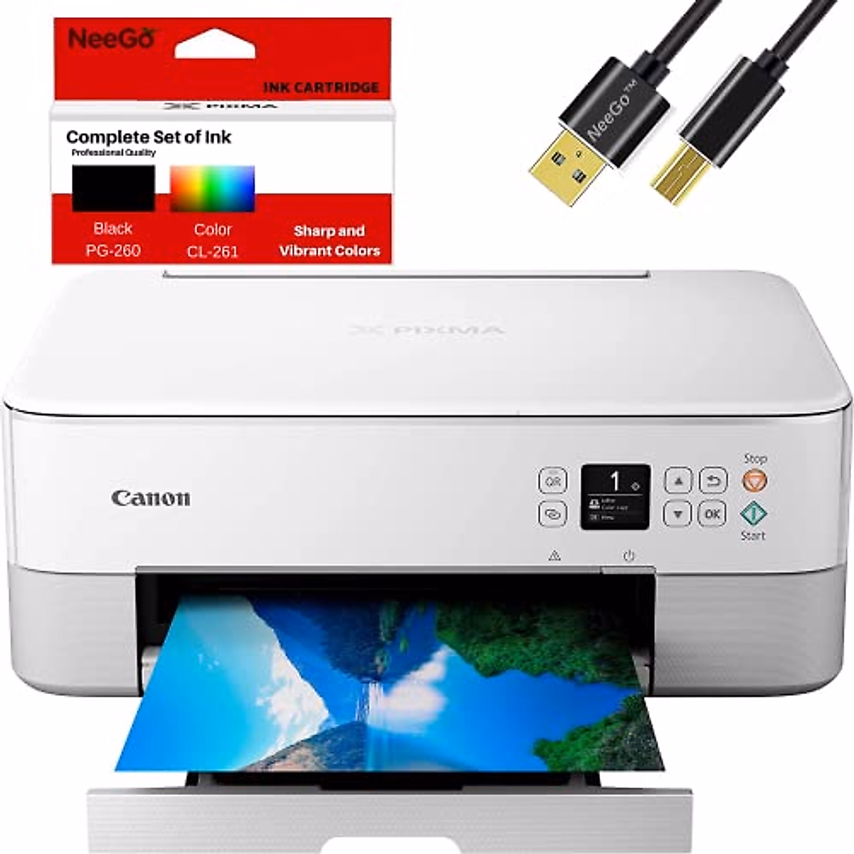 Canon Wireless Pixma Inkjet All in One Printer with Scanner - High Resolution Fast Speed Printing Compact Size Up to 4800x1200 DPI Color Resolution, Bonus Set of NeeGo Ink and 6 Ft Printer Cable