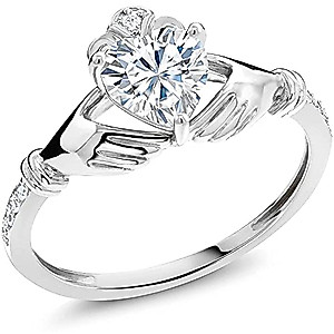 VINSON 14K White Gold Plated Silver Created Solitaire Irish Celtic Claddagh Ring Forever Brilliant Heart Shape 0.80cttw Moissanite (8.5)