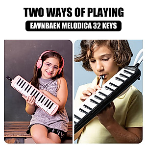 Eavnbaek 32 Keys Melodica Instrument, Soprano Melodica Air Piano Keyboard Pianica with 2 Soft Long Tubes, 2 Short Mouthpieces and Carrying Bag (Black)