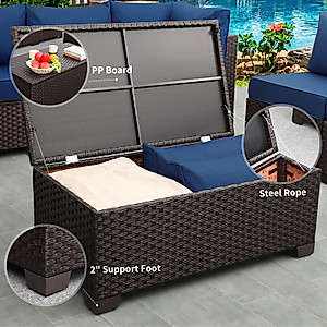 Rattaner 7 Pieces Outdoor Wicker Furniture Conversation Set Patio Furniture Sectional Sofa Couch Patio Storage Table with Thicken(5") Non-Slip Cushions Furniture Cover, Navy Blue
