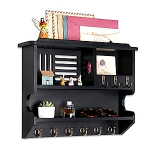 Maranon Key Holder, Key Holder for Wall, Key and Mail Holder for Wall, Mail Organizer Wall Mounted for Home Decor, Mail and Key Holder with Key Hooks, Pine Wood Black