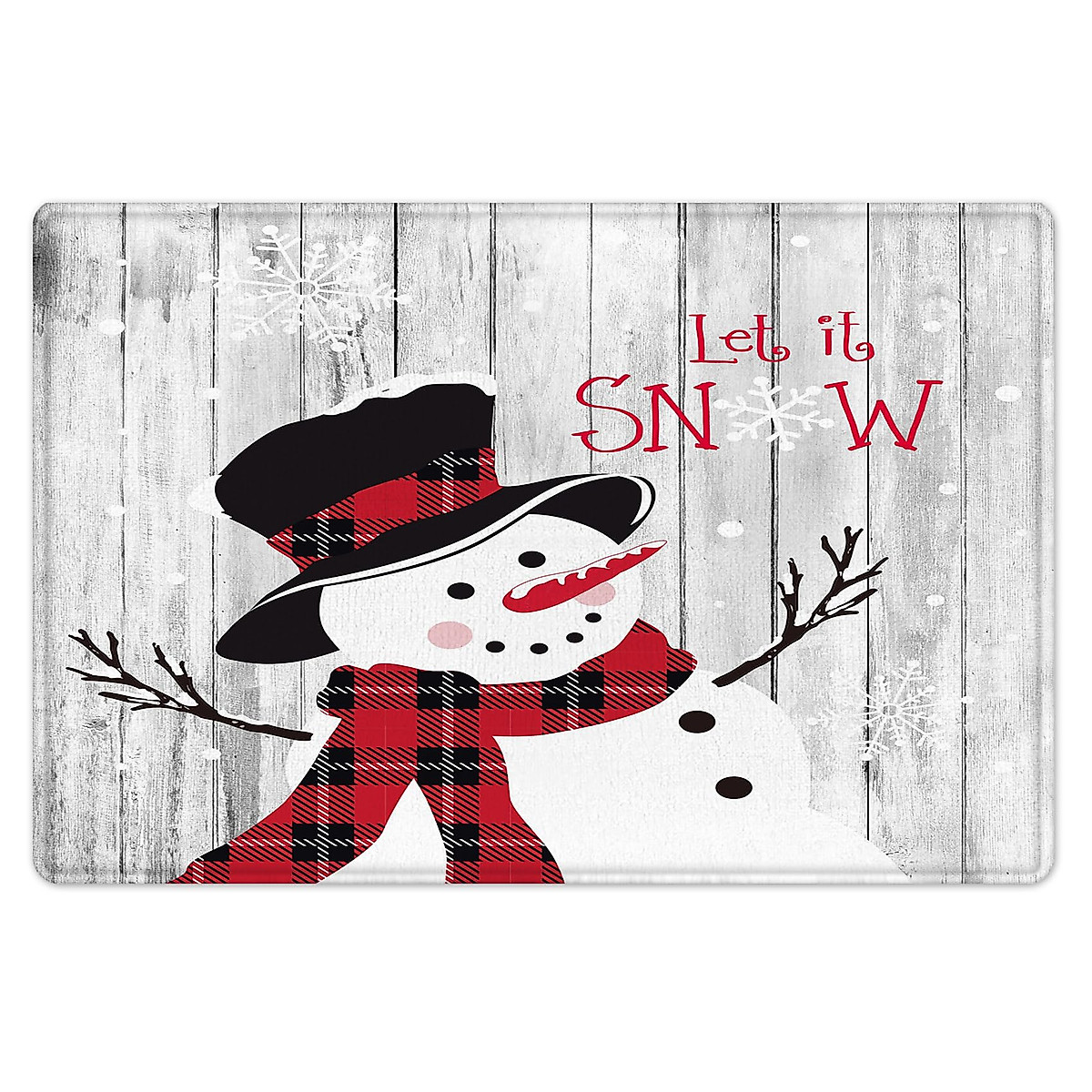 LB Winter Snowman Bath Mat Red and Black Plaid White Snowflake Area Rug for Bathroom Grey Rustic Wood Plank Doormat Non Slip Memory Foam Super Absorbent Floor Mats,24Wx16H Inch