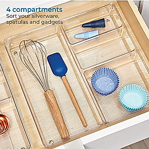 iDesign Linus Kitchen Drawer Organizer for Silverware, Spatulas, Gadgets - 12" x 12" x 2", Clear