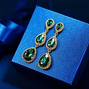 EleQueen Women's Gold-tone Austrian Crystal Teardrop Pear Shape 2.5 Inch Long Dangle Earrings Emerald Color