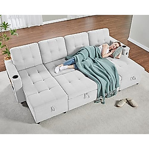 PaPaJet Pull Out Sofa Bed, 2 in 1 Sleeper Couch with USB Charging Stocket & Beverage Holders, Sectional Sofa Bed with Dual Chaise- Light Gray Chenille