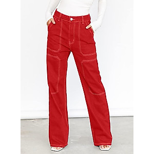 Dokotoo Wide Leg Jeans for Women Casual High Waisted Cargo Jeans Denim Pants Red Size 12