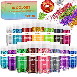 HTVRONT Holographic Chunky Glitter for Resin - 15 Colors Holographic Glitter for Resin, 150g/5.3oz Craft Glitter Set, Chunky Glitter for Tumblers, Craft, Body, Face, Nails