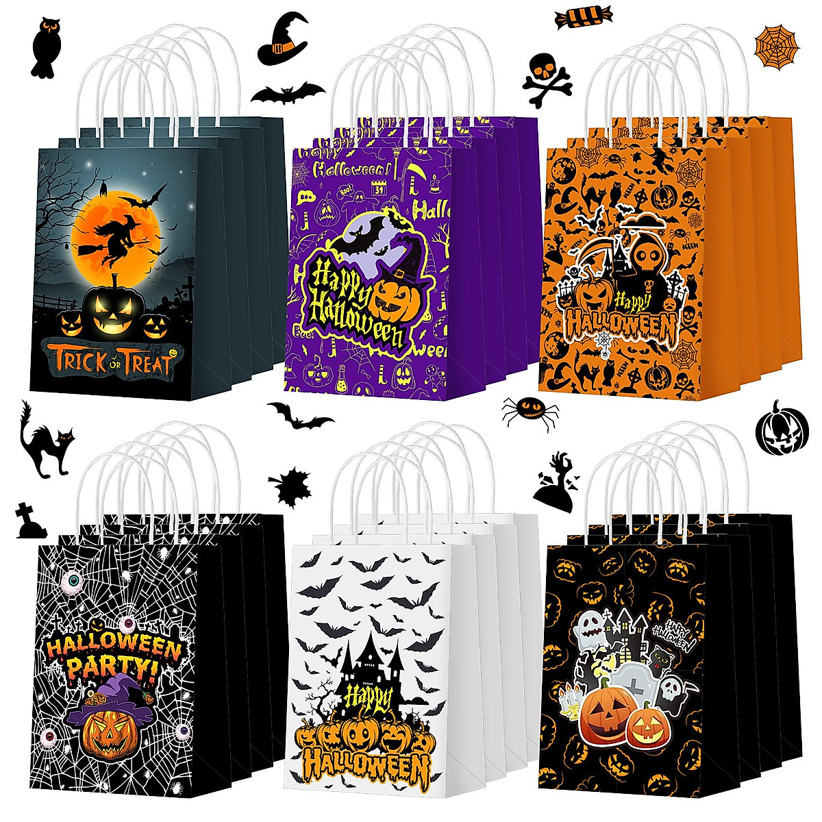 Sinload 24 Pcs Halloween Trick or Treat Bags with Handles Paper Candy Gift Bags Halloween Goodie Bags Halloween Paper Snacks Bags for Holiday Treats Kids Halloween Party Favors Supplies