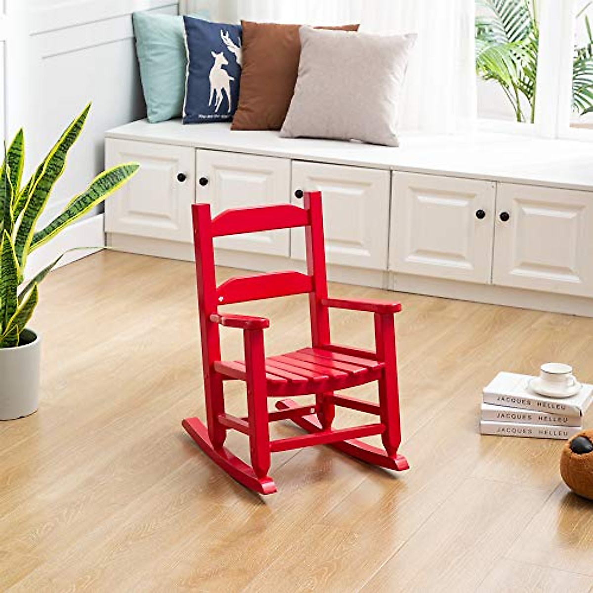 BplusZ KD-21R Rocking Kid's Chair Wooden Child Toddler Patio Small Rocker Red Ages 3-6 Red