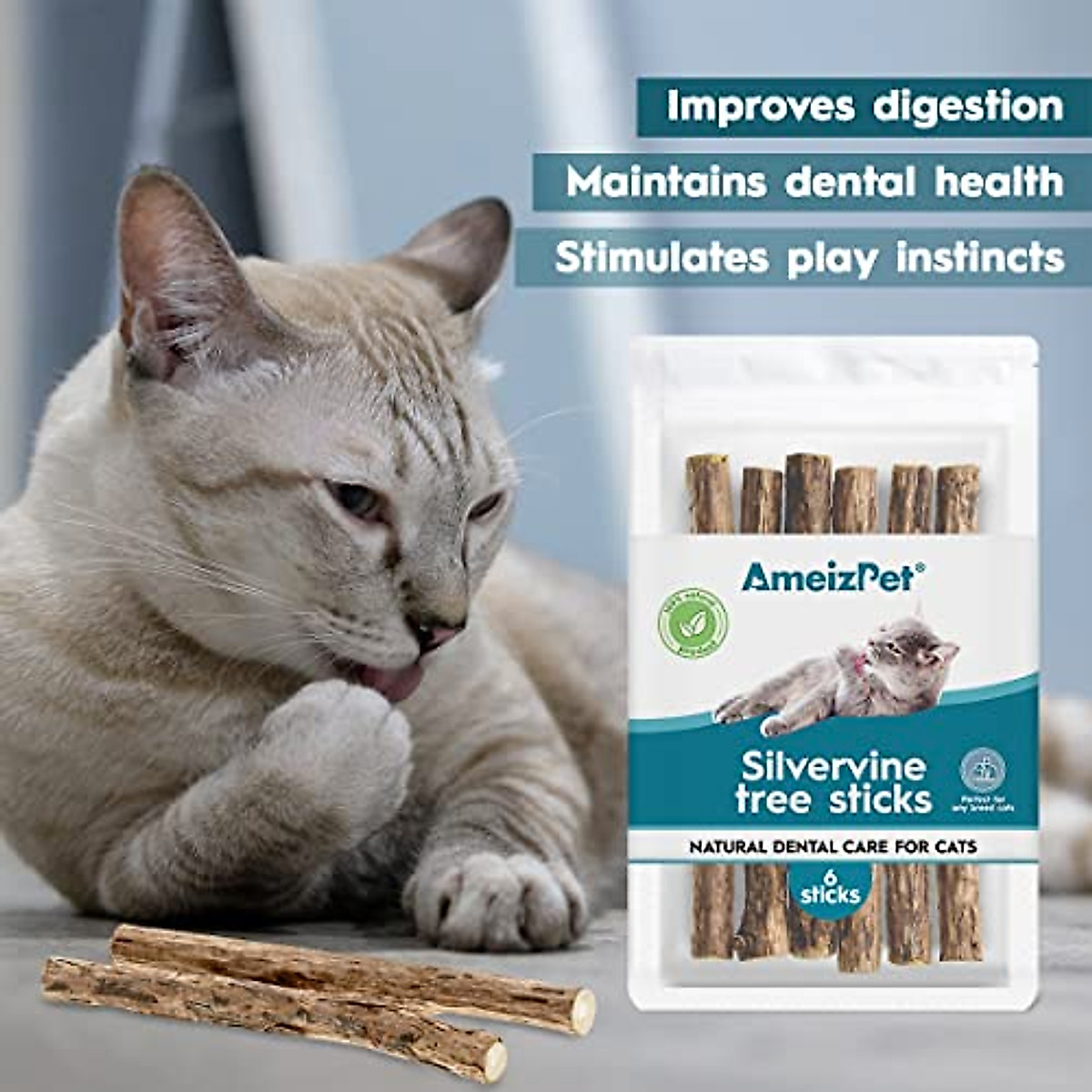 AmeizPet Silvervine Cat Teeth Cleaning Dental Sticks, Matatabi Dental Care, Cat Chew Toy 6 Pcs