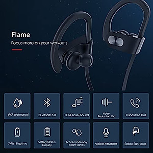 Redzoo Bluetooth Headphones, Bluetooth 5.0 Wireless Earbuds Sports, 22Hr Playtime Bluetooth Earphones for Running w/25° Ergonomic Ear Hooks, IPX7 Waterproof, Noise Cancelling Mic (Black)